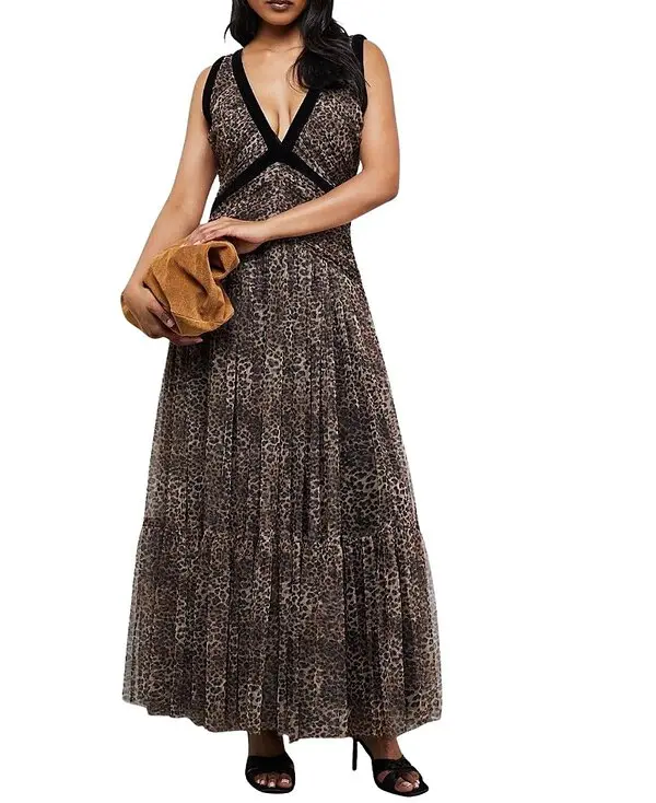 WAREHOUSE Velvet Trim Leopard Tulle Maxi Dress - Animal