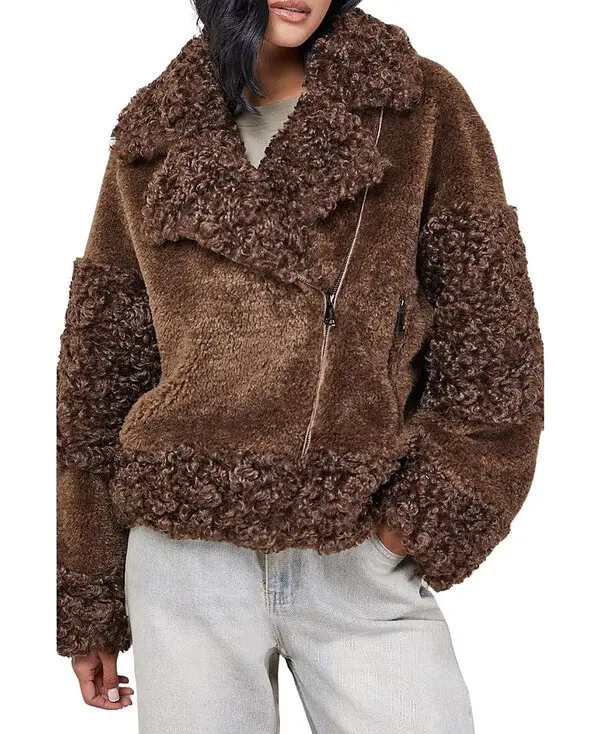 WAREHOUSE Faux Fur Mix Zip Through Jacket - Chocolate