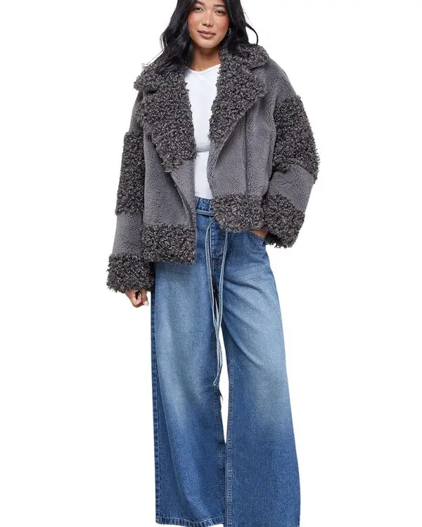WAREHOUSE Faux Fur Mix Zip Through Jacket - Grey