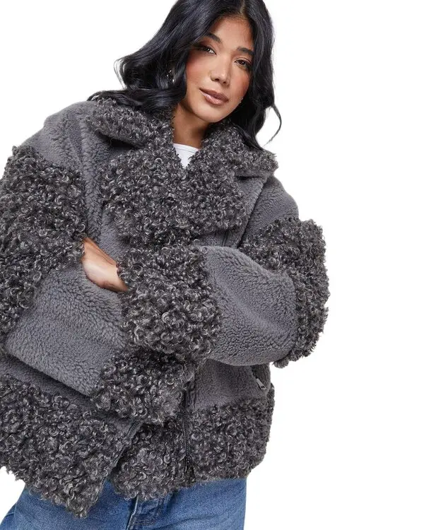 WAREHOUSE Faux Fur Mix Zip Through Jacket - Grey