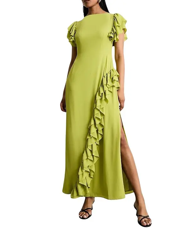 WAREHOUSE Side Split Ruffle Detail Maxi Dress - Lime