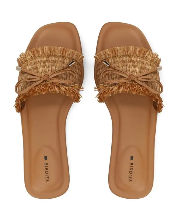 BIRDIES The Kiwi Bow Raffia Slide Sandals - Tan Raffia