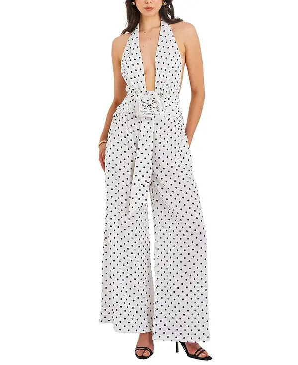 MISS CIRCLE Orianna Polka Dots Halter Jumpsuit - White