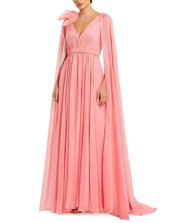 Mac Duggal Chiffon V-neck Gown With Cape Sleeves - Hibiscus