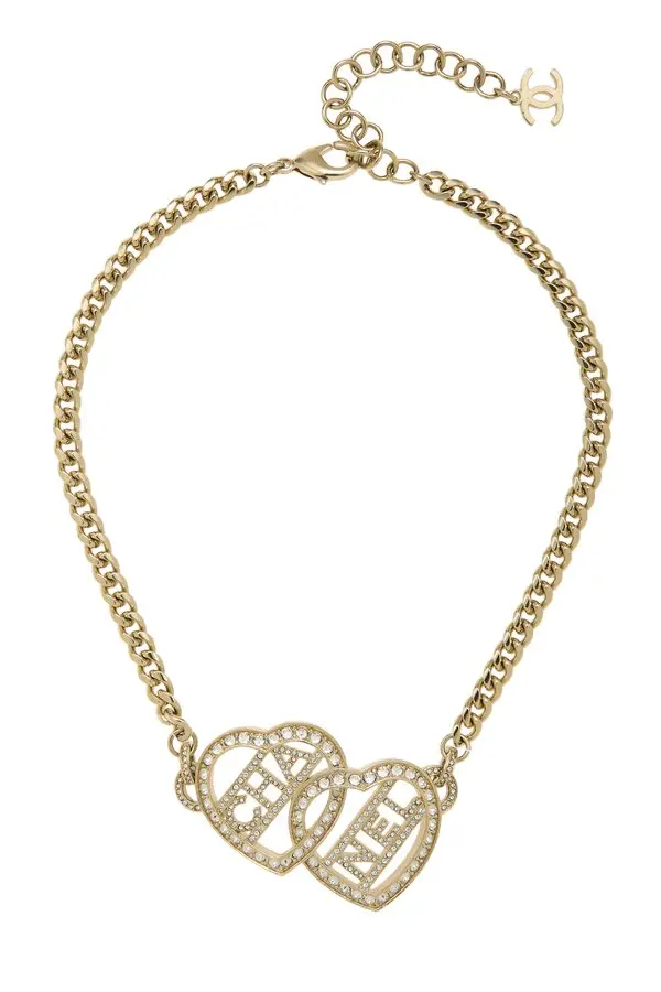 Chanel Crystal Logo Heart Necklace - Gold