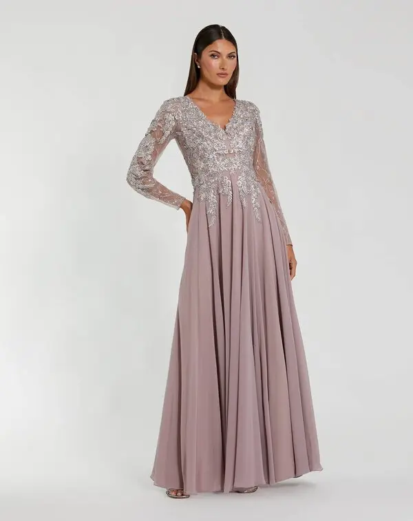 Mac Duggal Embellished Illusion V-neck Gown - Purple