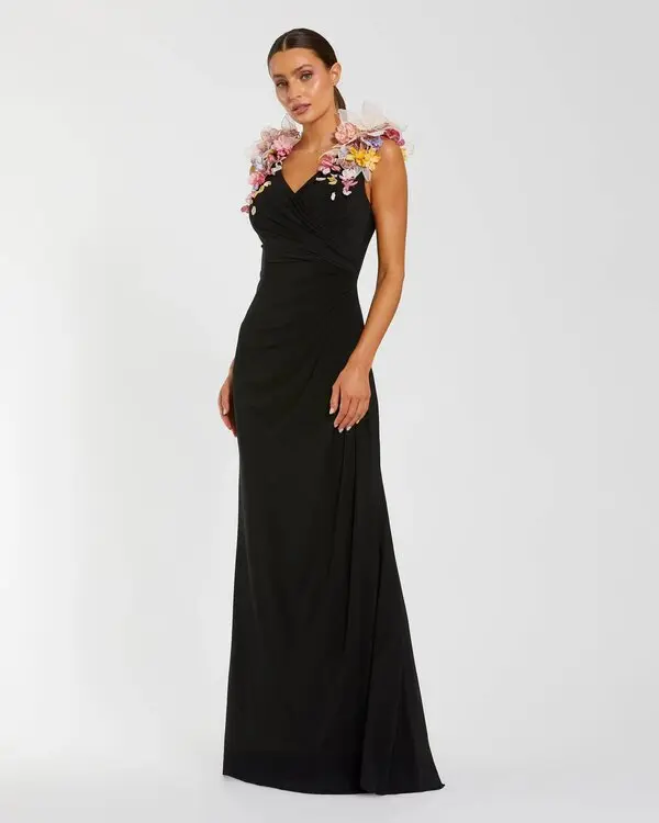 Mac Duggal Black Jersey V-neck Gown With 3d Floral Appliqu