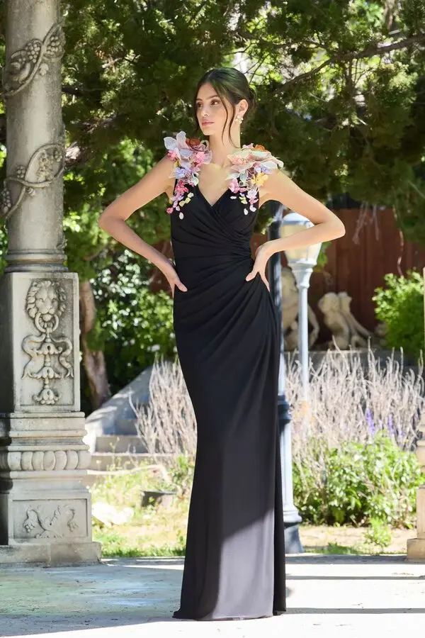 Mac Duggal Black Jersey V-neck Gown With 3d Floral Appliqu
