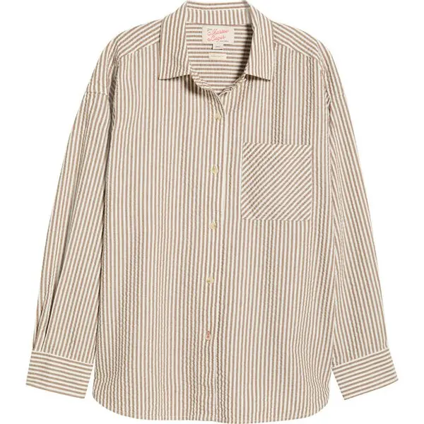 Marine Layer Gracey Stripe Oversize Cotton & Kapok Seersucker Button-up Shirt - Mocha Stripe