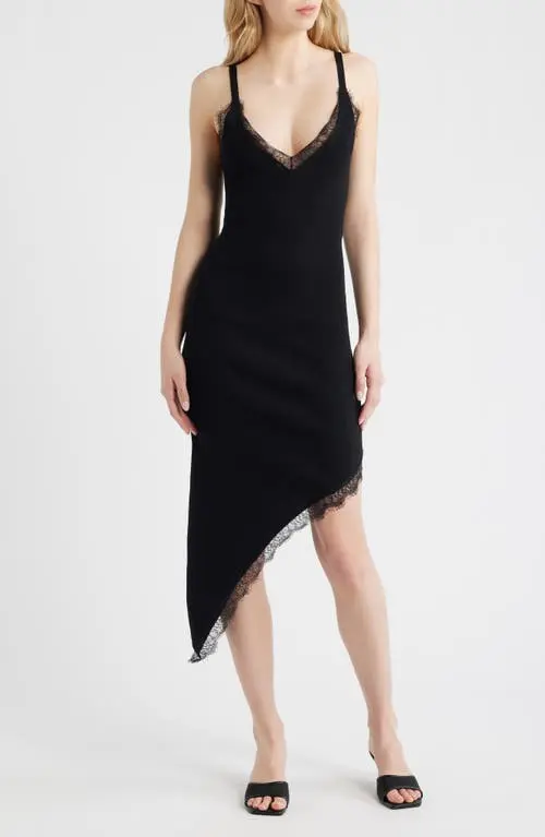 Mango Asymmetric Lace Trim Ribbed Dress - Black