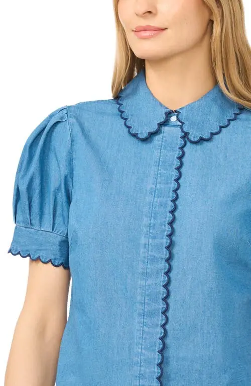 CECE DUPRAZ Scallop Trim Puff Sleeve Button-up Shirt - Light Indigo