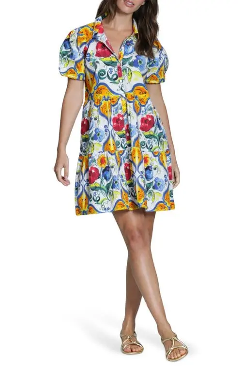 APNY Floral Ruffle Hem Cotton Mini Shirtdress - Blue Multi