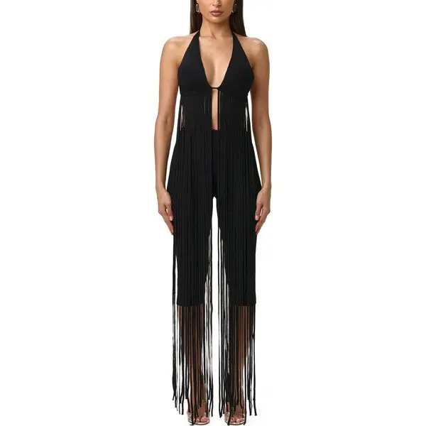 Naked Wardrobe Long Fringe Halter Top - Black