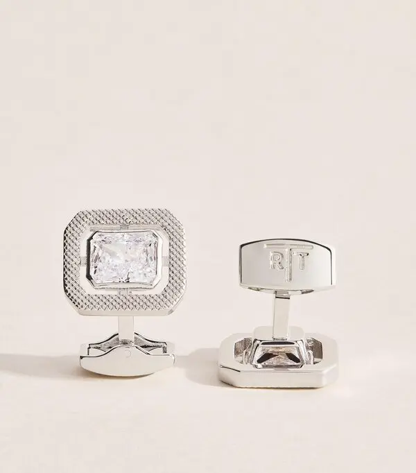 Tateossian Rhodium-plated And Cubic Zirconia Halo Rectangle Cufflinks - Silver