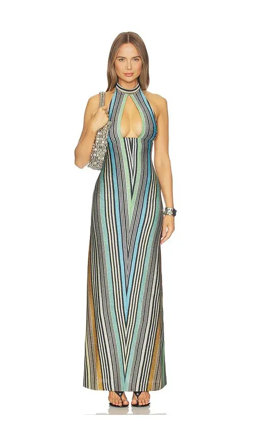 Missoni Sleeveless Long Dress In Green - Multicolor Light Blue & Green