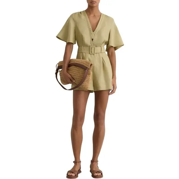 REISS Sansi Linen Romper - Green