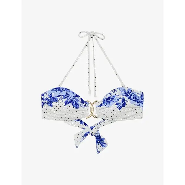 REISS Printed Bandeau Bikini Top - Blue Ivory