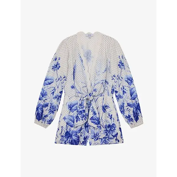 REISS Woven Scarf-print Playsuit - Blue Ivory