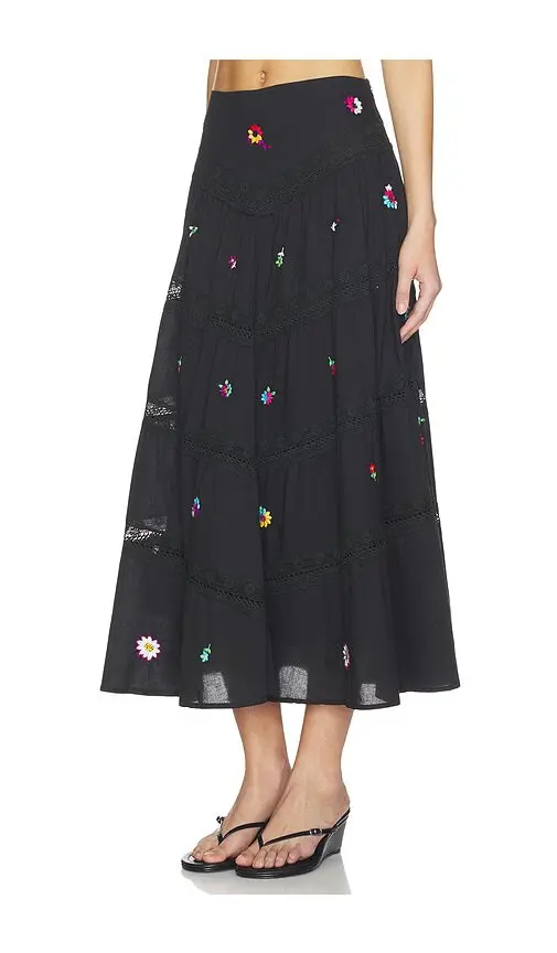 Rixo Embroidered Floral Cotton Midi Skirt