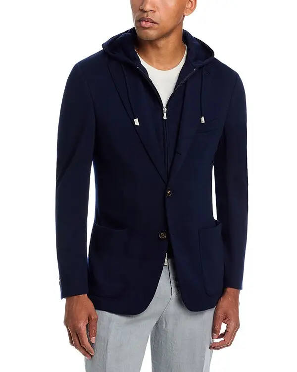 Eleventy Wool Jersey Jacket With Removable Hoodie - Navy