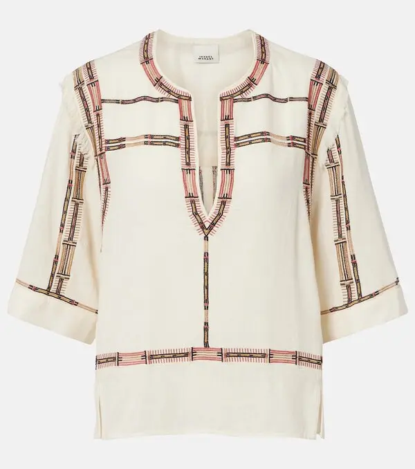 Isabel Marant Étoile Fiosa Embroidered Silk Top With Fringes - White