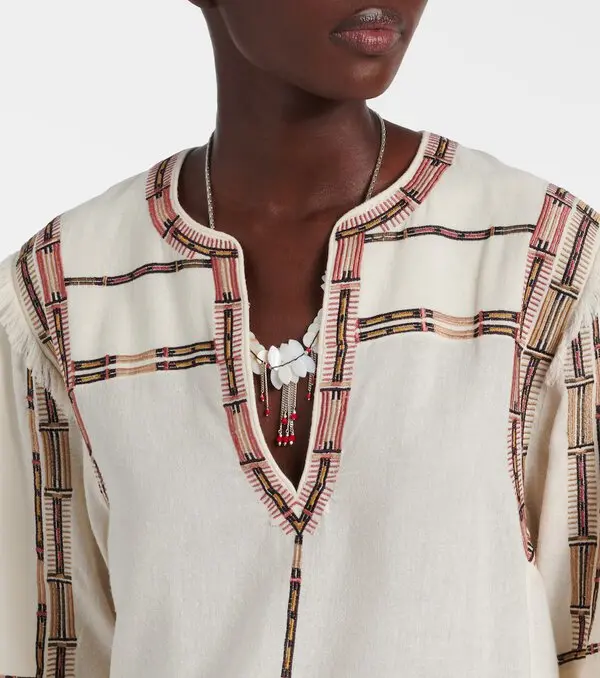Isabel Marant Étoile Fiosa Embroidered Silk Top With Fringes - White