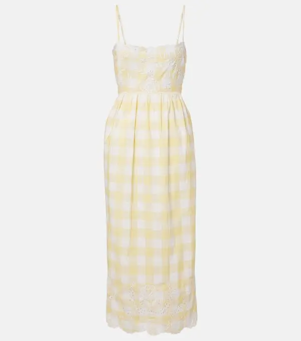 JULIET DUNN Embroidered Checked Cotton Midi Dress - Yellow