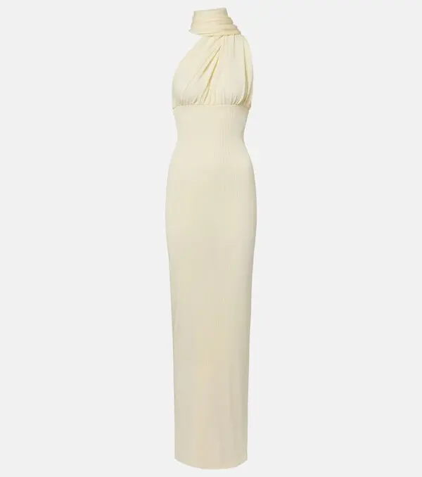 AYA MUSE Thea Scarf-detail Ribbed-knit Maxi Dress - Yellow