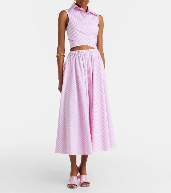 PATOU Pleated Striped Cotton Poplin Midi Skirt - Pink