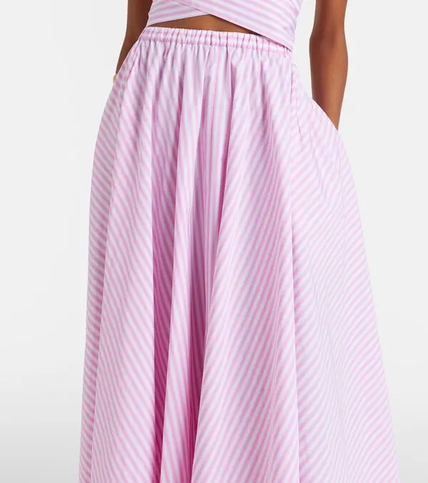 PATOU Pleated Striped Cotton Poplin Midi Skirt - Pink