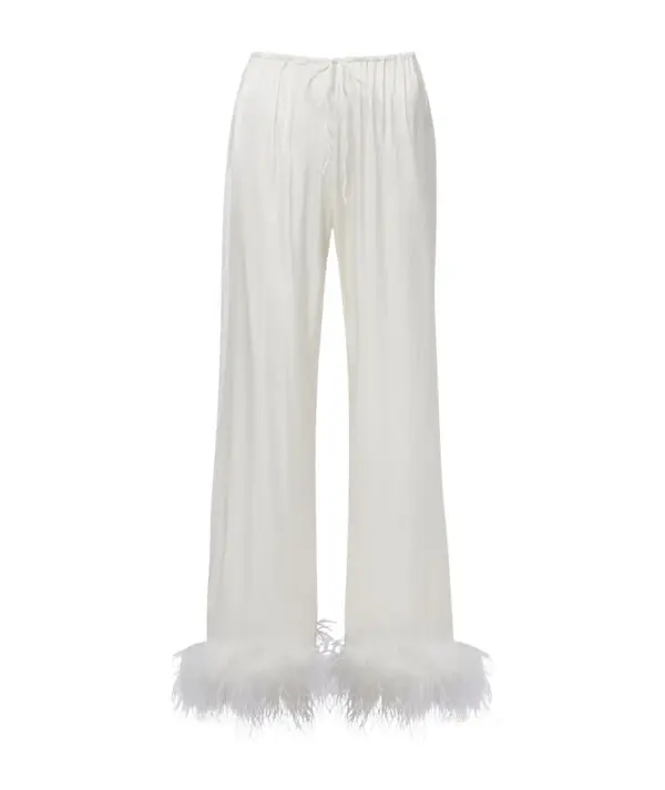 Oseree Feather-trimmed Wide-leg Pants - White