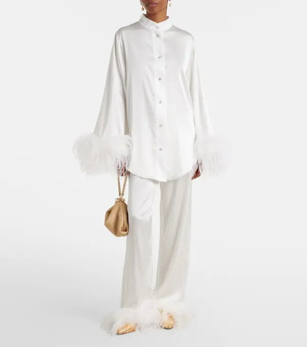 Oseree Feather-trimmed Wide-leg Pants