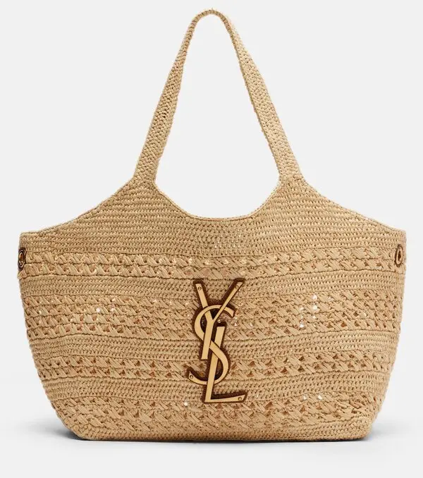Saint Laurent Medium Raffia Tote Bag - Beige