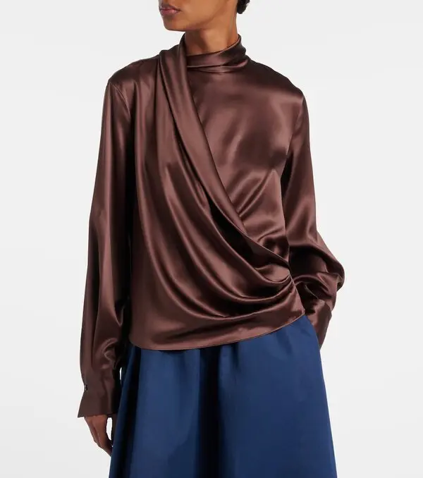 Brunello Cucinelli Draped Silk-blend Satin Blouse - Brown