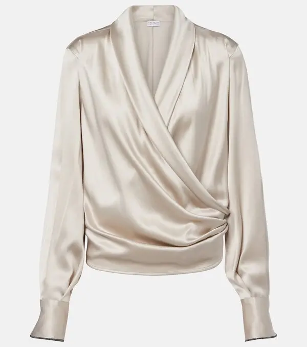 Brunello Cucinelli Draped Silk-blend Satin Blouse - Grey
