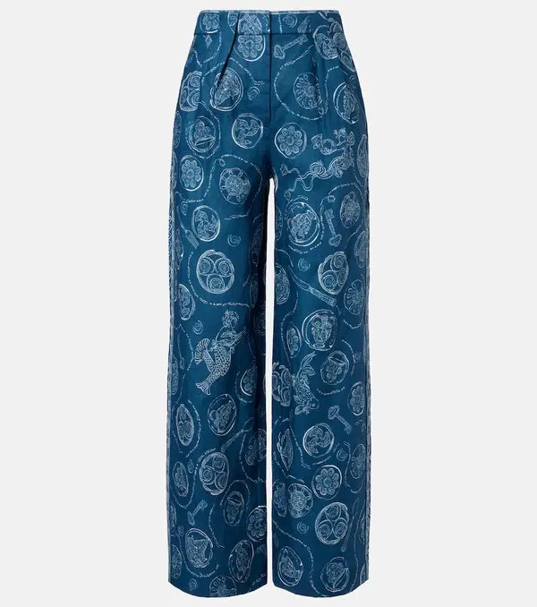 ALEMAIS Alémais Lucky Printed Wide-leg Linen Pants - Blue
