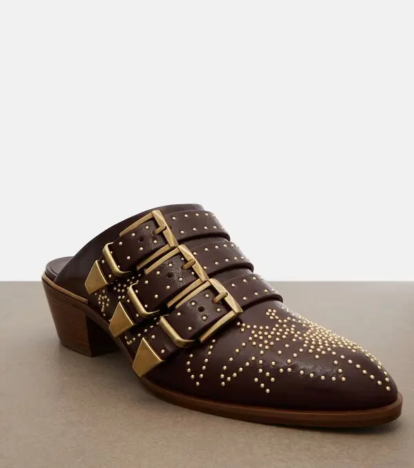 Chloé Susan Studded Leather Mules - Brown