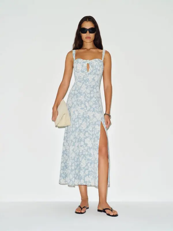 REFORMATION Aislinn Sleeveless Midi Dress With Sweetheart Neckline And Side Slit - Blue