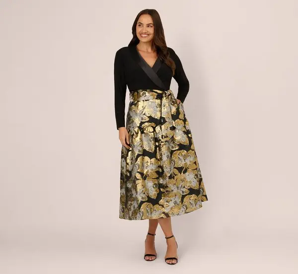 Adrianna Papell Floral Jacquard Midi Dress - Black/gold