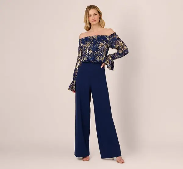 Adrianna Papell Lace And Crepe Jumpsuit - Navy/gold