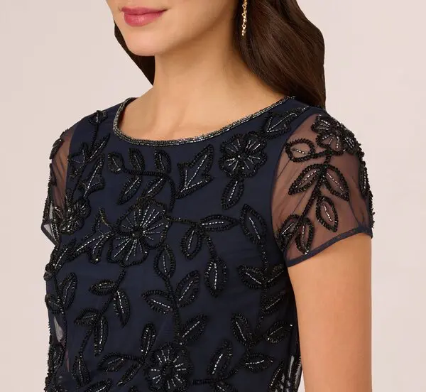 Adrianna Papell Jasmine Beaded Blouson Gown With Sheer Short Sleeves - Navy Black