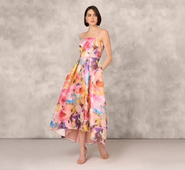 Aidan Mattox By Metallic Floral Jacquard High-low Gown With Pockets - Pink Multi