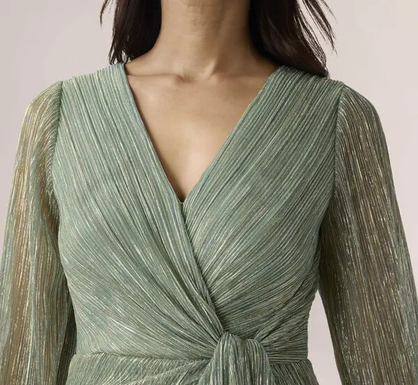 Adrianna Papell Metallic Crinkled Mesh Draped Long Gown - Green Slate