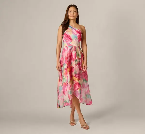 Adrianna Papell One Shoulder Watercolor Organza High-low Midi Dress - Ivory Multi