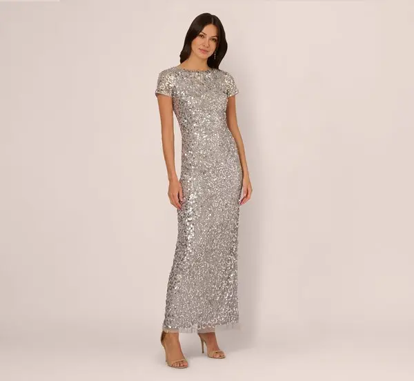 Adrianna Papell Beaded And Sequined Gown - Silver Mist