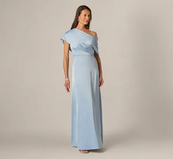 Adrianna Papell Asymmetrical Draped Neck Stretch Satin Gown - Elegant Sky