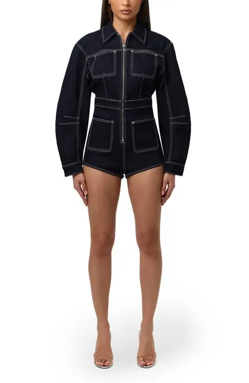 Naked Wardrobe Front Zip Denim Romper - Dark Indigo