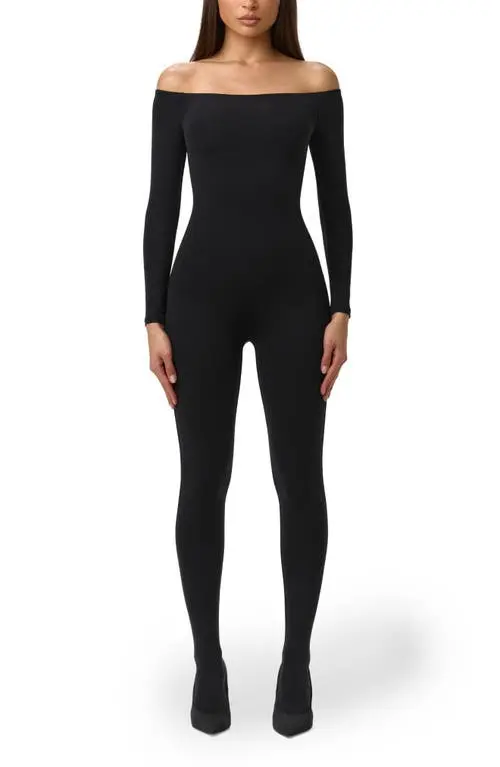Naked Wardrobe Off-the-shoulder Long Sleeve Stirrup Jumpsuit - Black