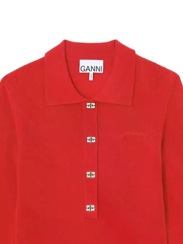 GANNI Logo-button Long-sleeve Polo Shirt - Red