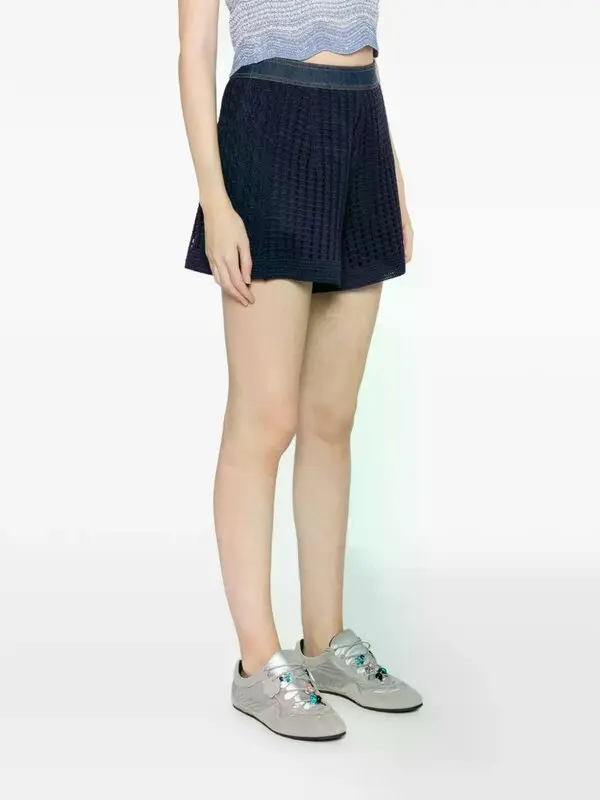 Sandro High-waisted Crochet Knit Flare Shorts With Denim Trim - Blue